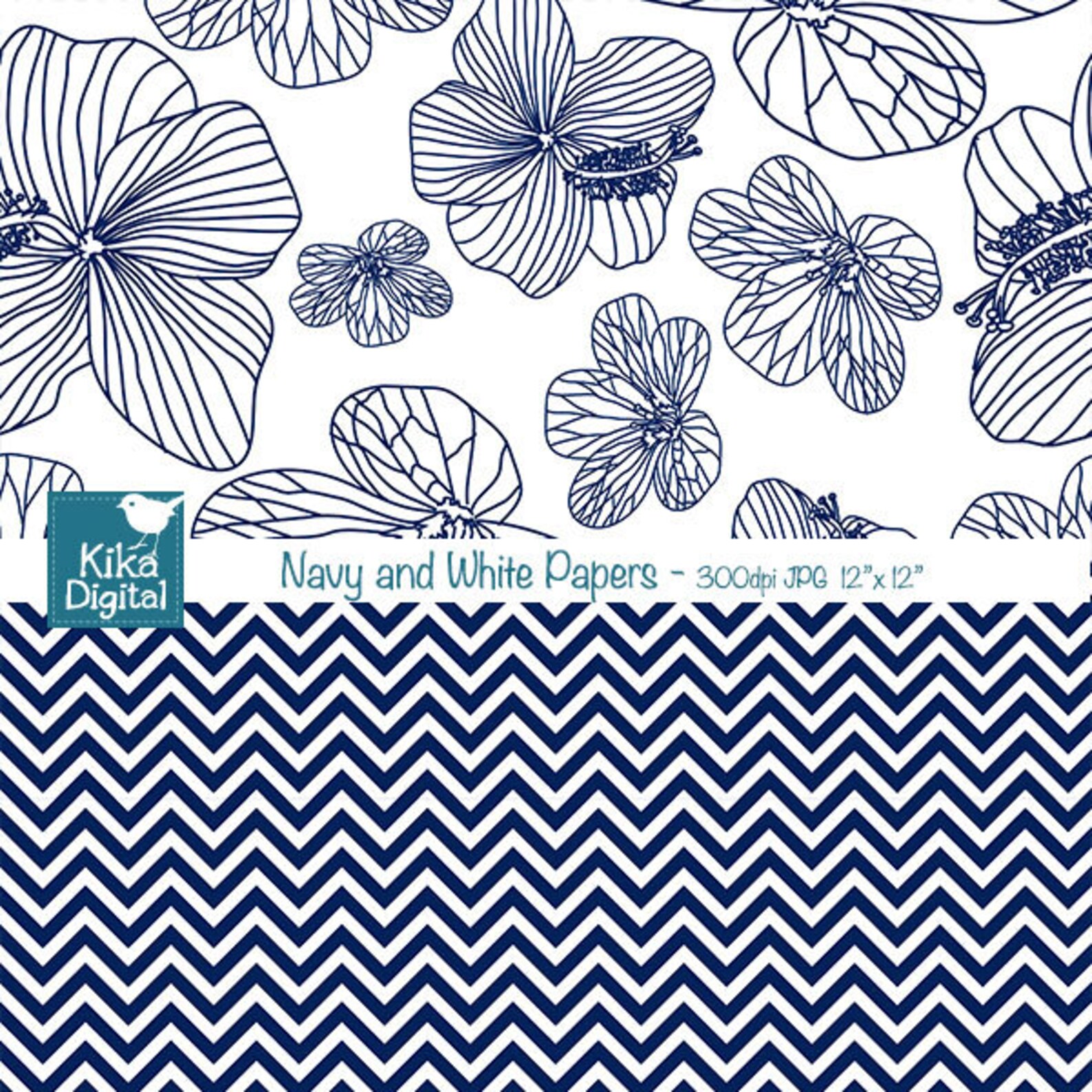 Navy Digital Papers Navy and White Scrapbook Papers Card | Etsy