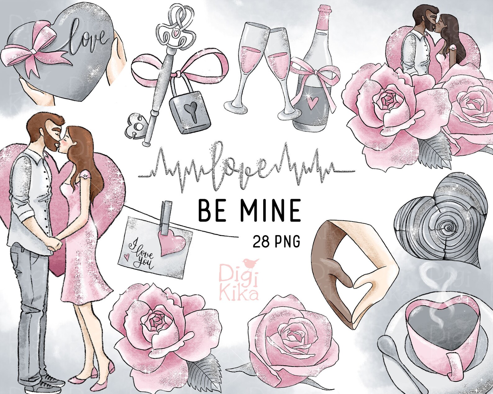 Be Mine Bundle Valentine's Day Clipart Seamless Paper | Etsy