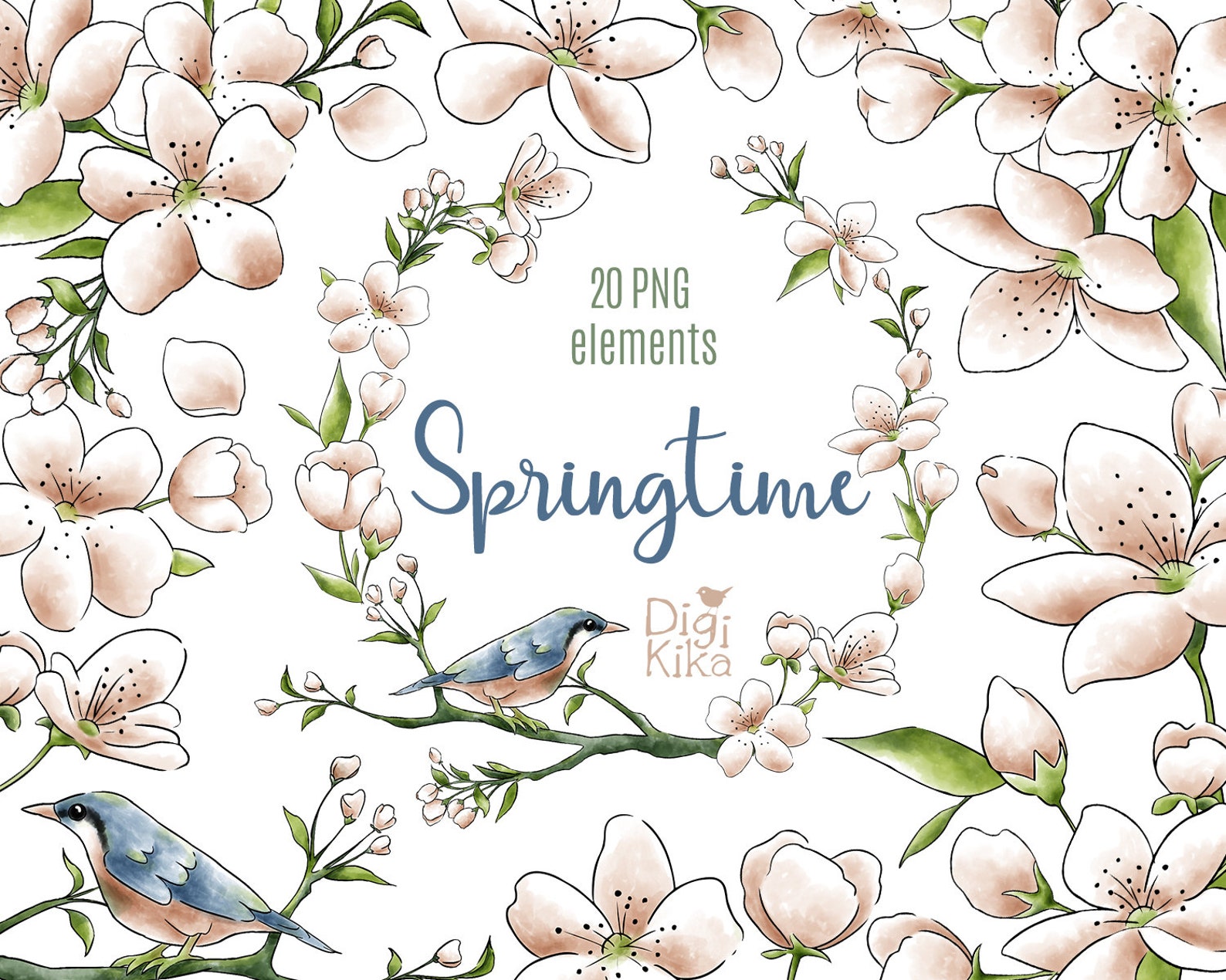Springtime Clipart Spring Clipart PNG Birds Clip Art Floral - Etsy