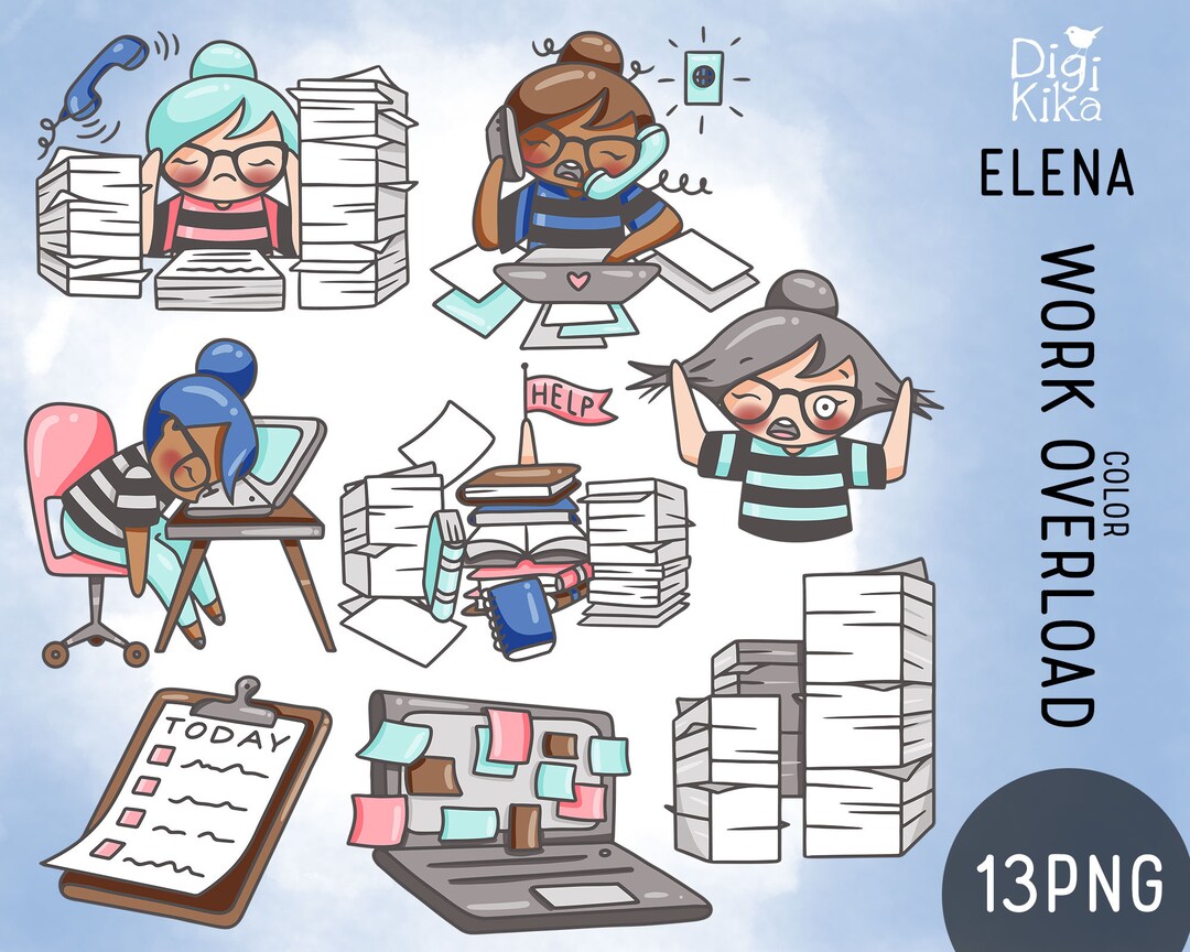 Elena Planner Girl Work Overload Clipart Digital Color Character ...