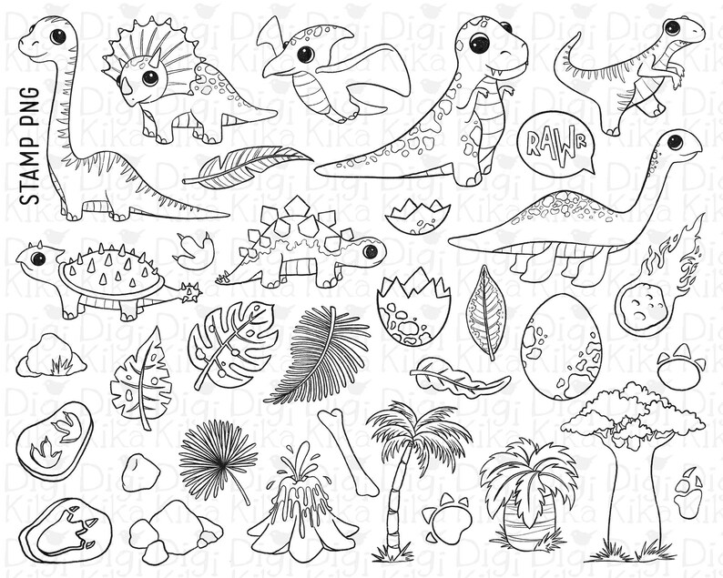 Dino Doodles Clipart Hand Draw Dinosaurs Clip Art Digital | Etsy