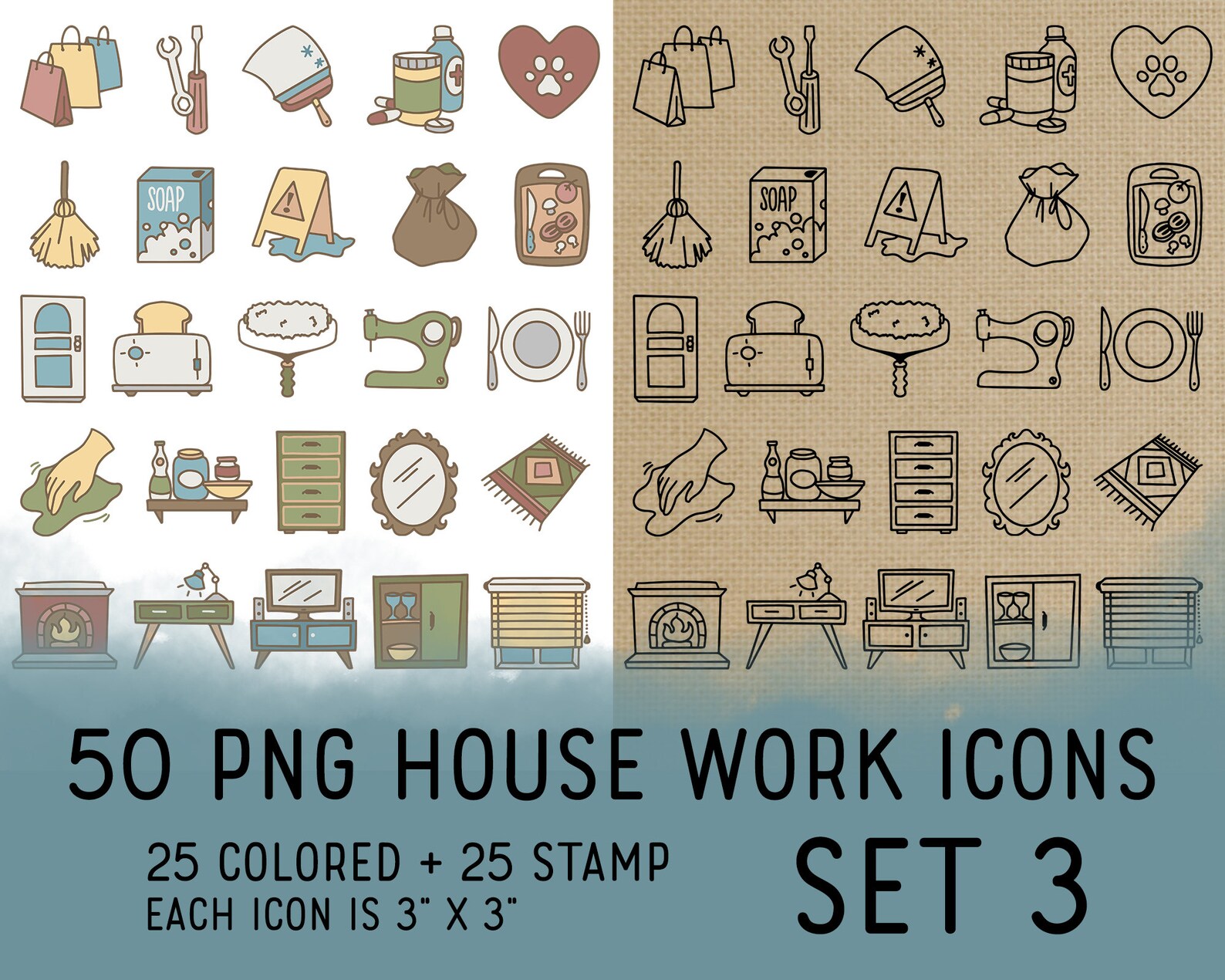 50 Housework Icons Set 3 Icons Clipart Chores Digital - Etsy