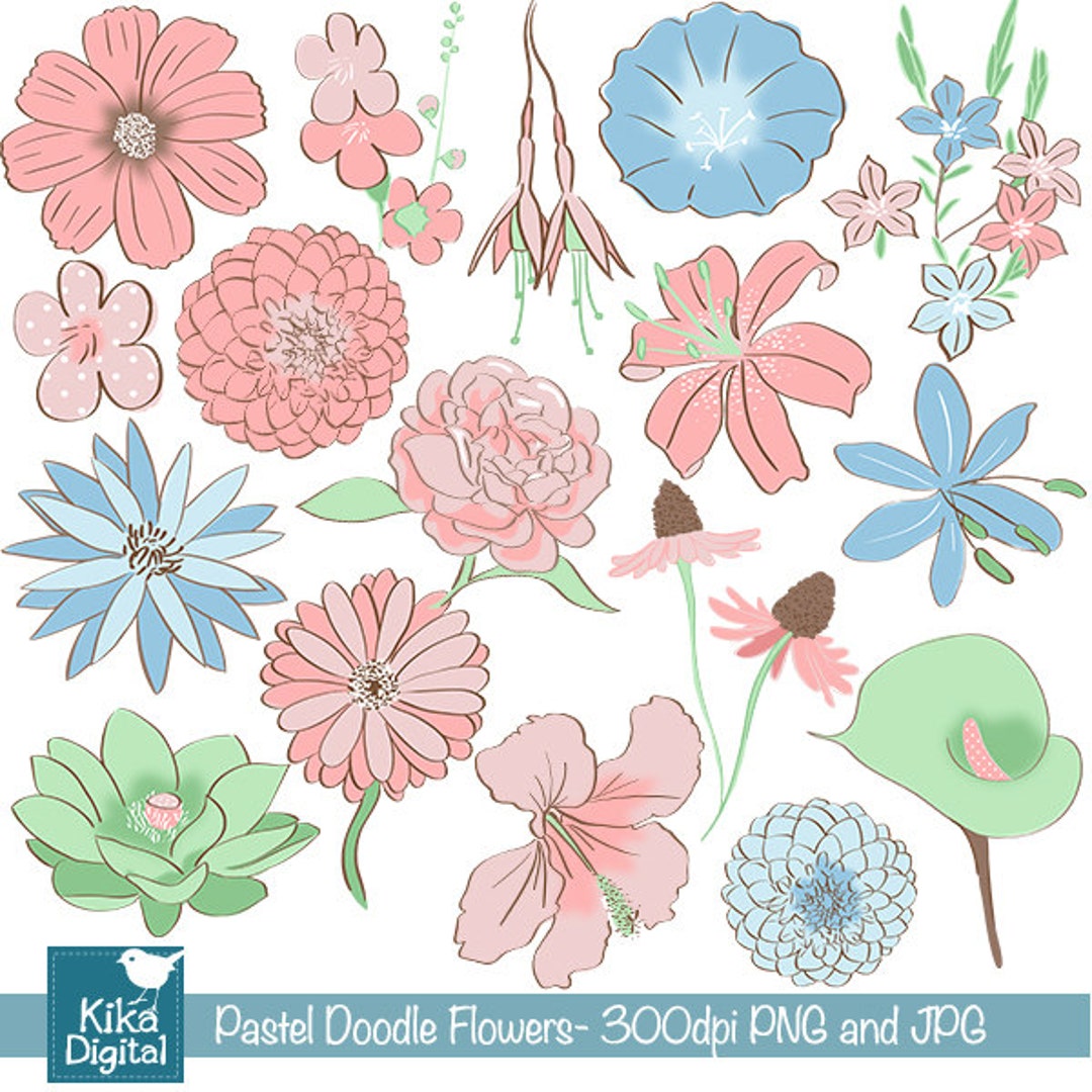 Colored Doodle Flowers Digital Clipart Scrapbooking Card - Etsy