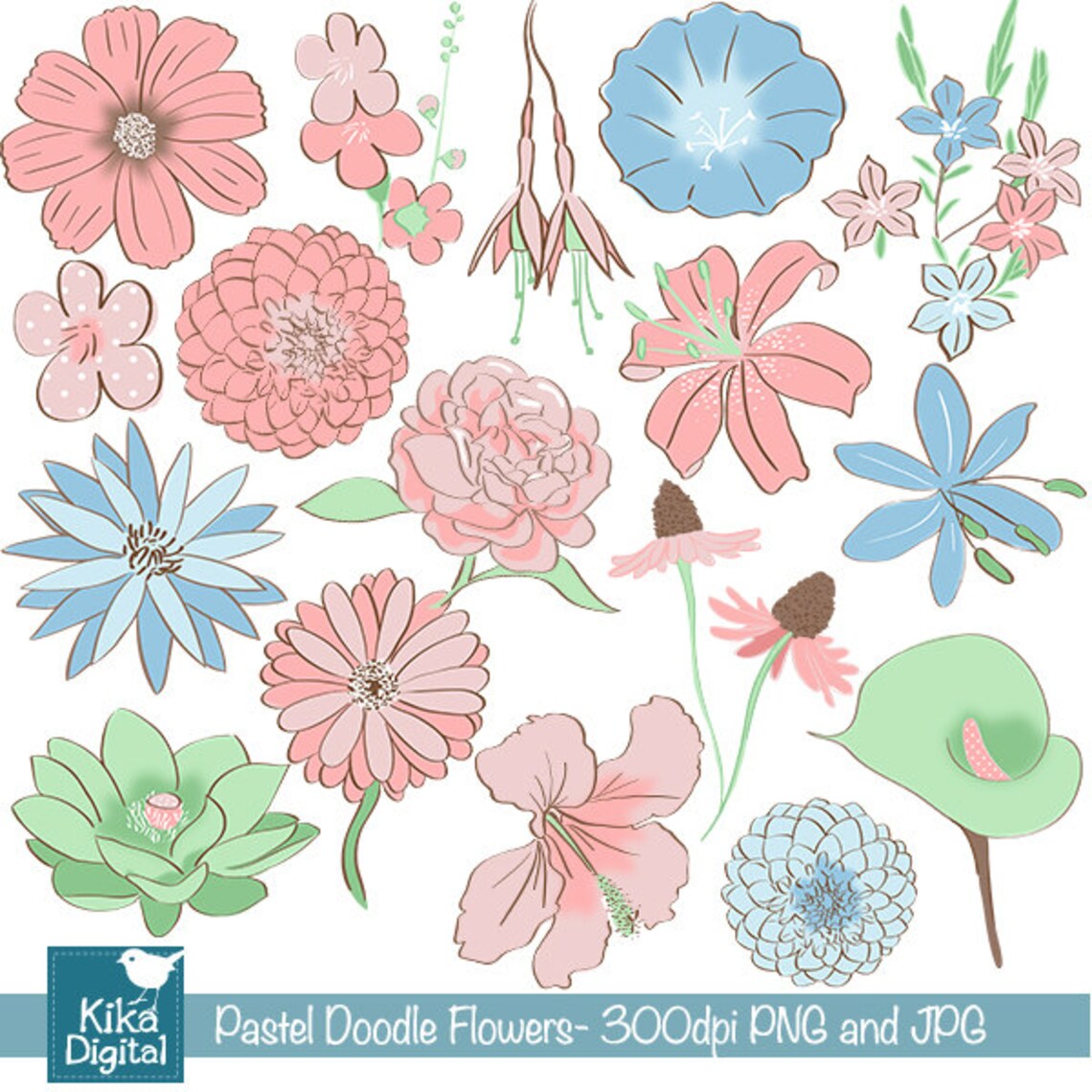Colored Doodle Flowers Digital Clipart Scrapbooking Card - Etsy