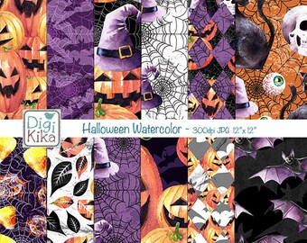Halloween Digital Paper Pack Scrapbook Autumn Watercolor - Etsy