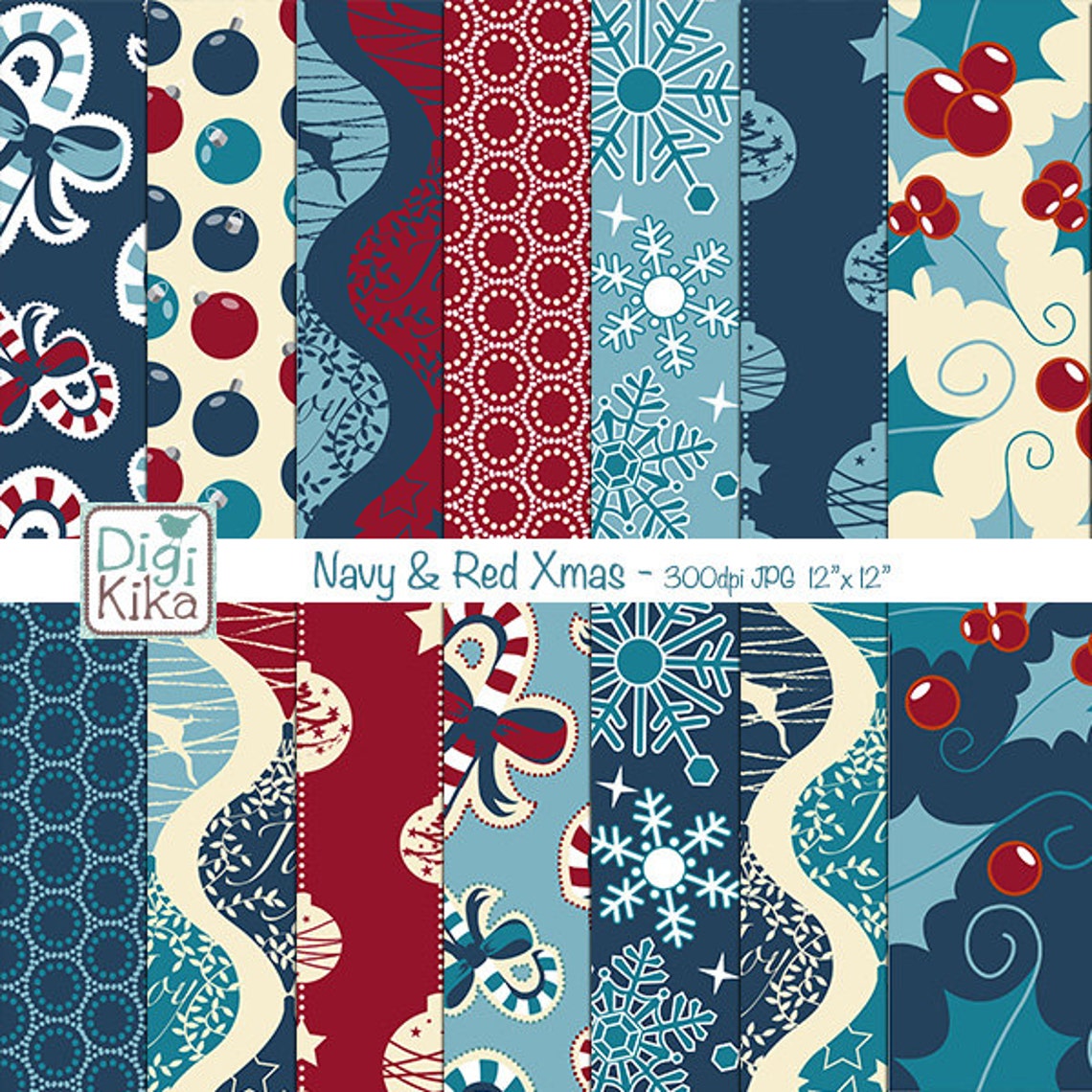 Navy and Red Christmas Digital Papers Christmas | Etsy