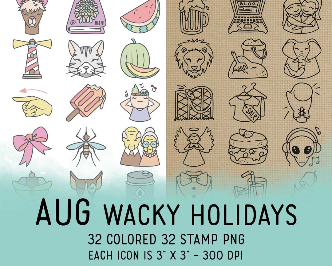 AUGUST Wacky Holidays Icons PNG Color and Stamp Icons Clipart Digital ...