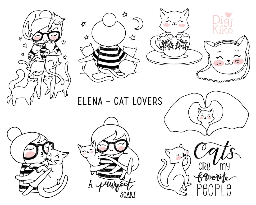 Elena Planner Girl Cat Lover Clipart Cat Lady Digital Stamp Character ...