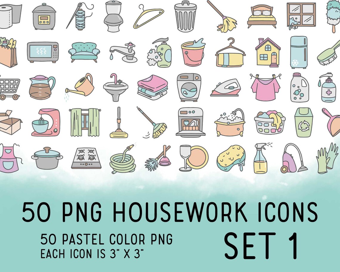 50 Housework Color Icons SET 1 Pastel Icons Clipart - Etsy