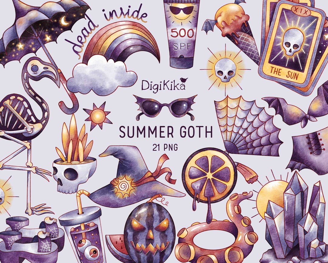 Summer Goth Watercolor Clipart, Hand Painted Gothic Clip Art, Stickers ...