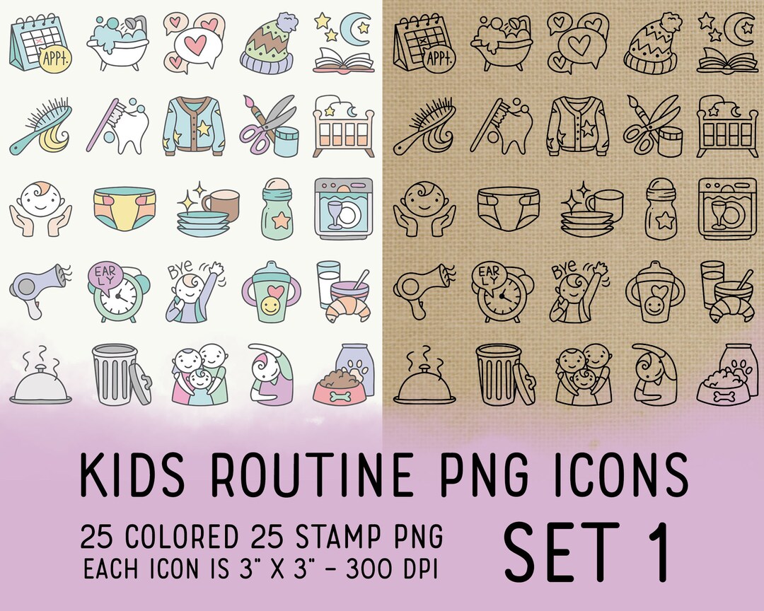 50 Kids Routine Icons Set 1 - Mom Icons Clipart - School Digital ...