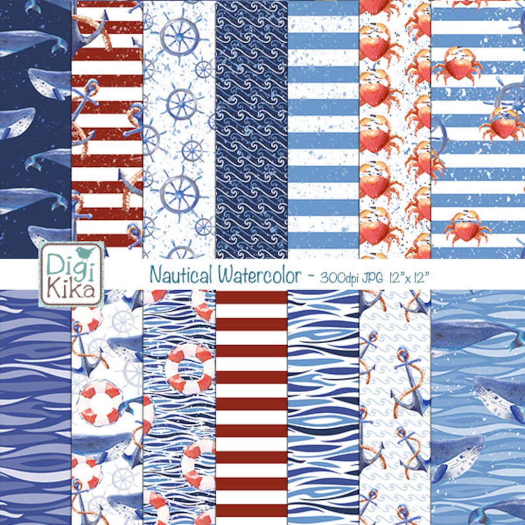Nautical Watercolor Digital Papers Nautical Scrapbook Paper - Etsy