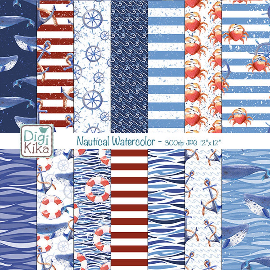 Nautical Watercolor Digital Papers Nautical Scrapbook Paper | Etsy