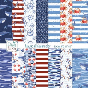 Nautical Watercolor Digital Papers Nautical Scrapbook Paper - Etsy