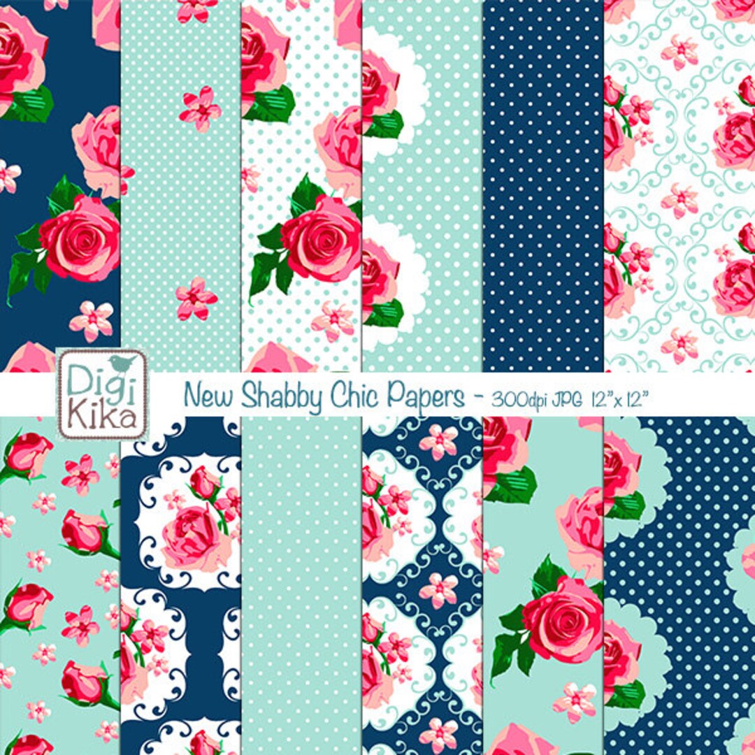 New Shabby Chic Digital Papers, Navy Shabby Chic Scrapbook Papers Card ...