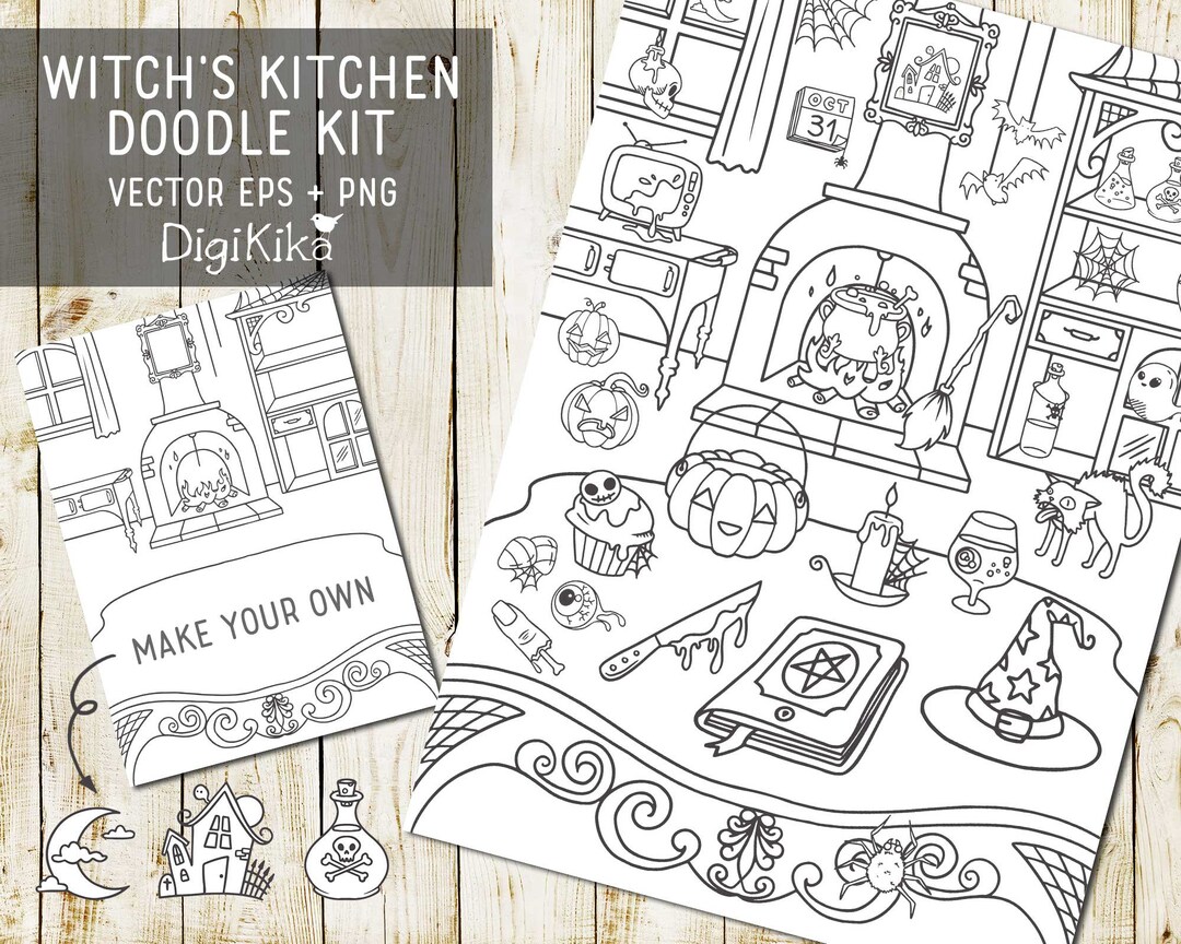Witch's Kitchen Vector Doodle Kit Halloween Clipart Scene Scene ...