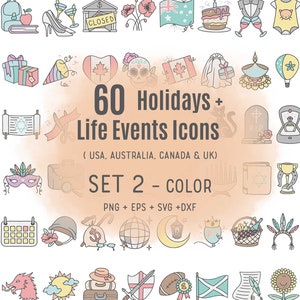60 Holidays & Life Events Color Icons Clipart Set 2 - USA, Aus, Can, UK ...