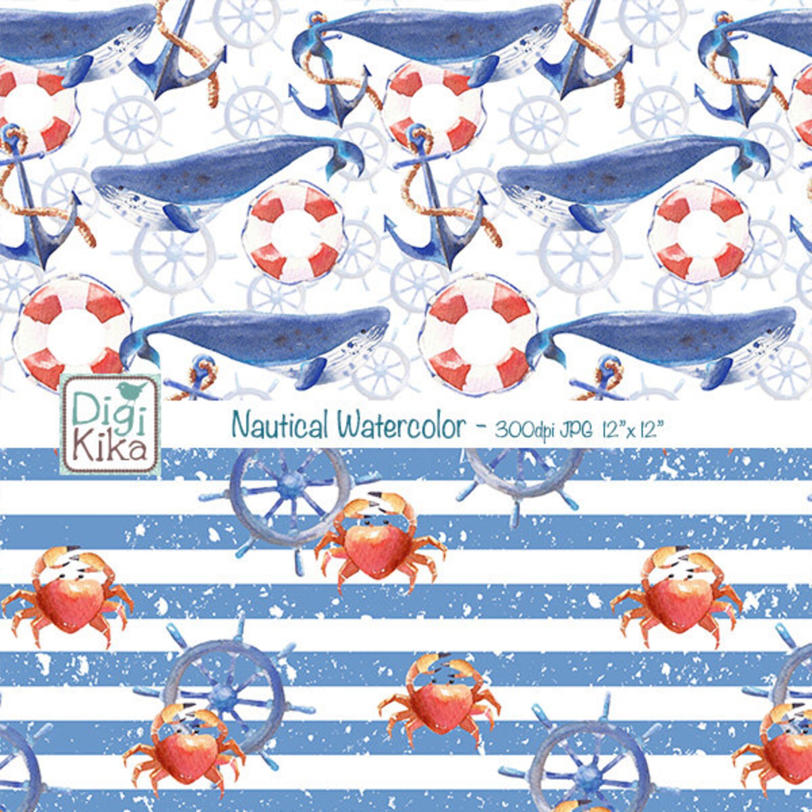 Nautical Watercolor Digital Papers Nautical Scrapbook Paper | Etsy