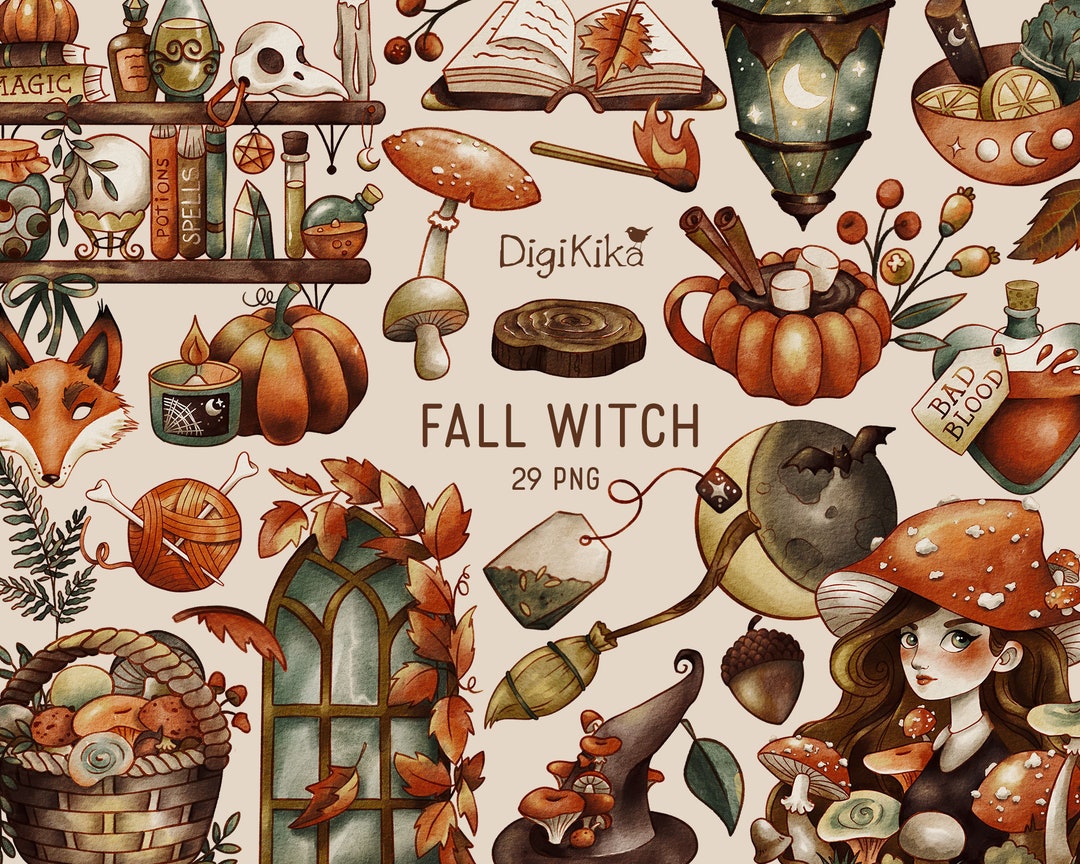 Fall Witch Watercolor Clipart Autumn Hand Painted Gothic Clip - Etsy