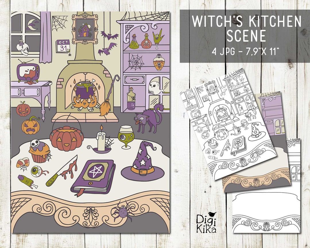 Witch's Kitchen Halloween Clipart Scene Scene - Etsy