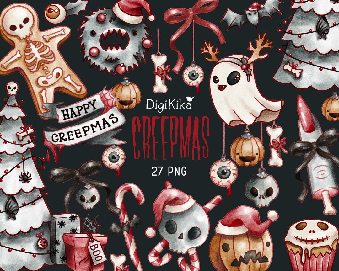 Creepmas Watercolor Clipart, Hand Painted Christmas Clip Art, Stickers ...