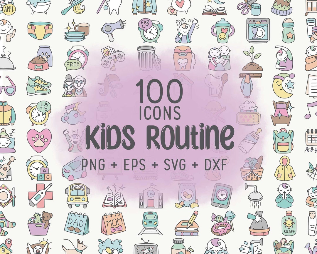 100 Kids Routine Color Icons Vector - School Icons Clipart - Mom ...