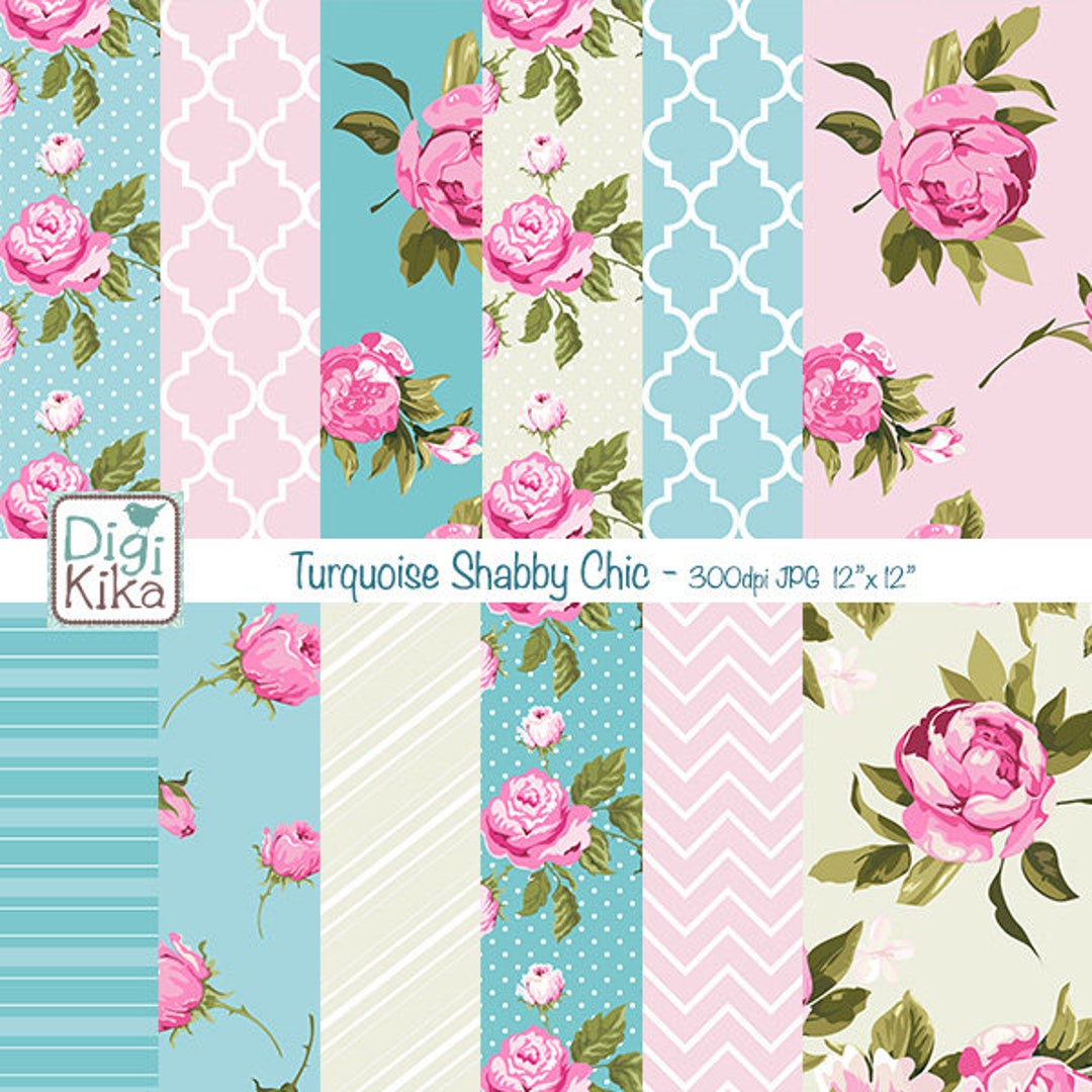 Pink and Turquoise Shabby Chic Digital Papers Shabby Chic - Etsy