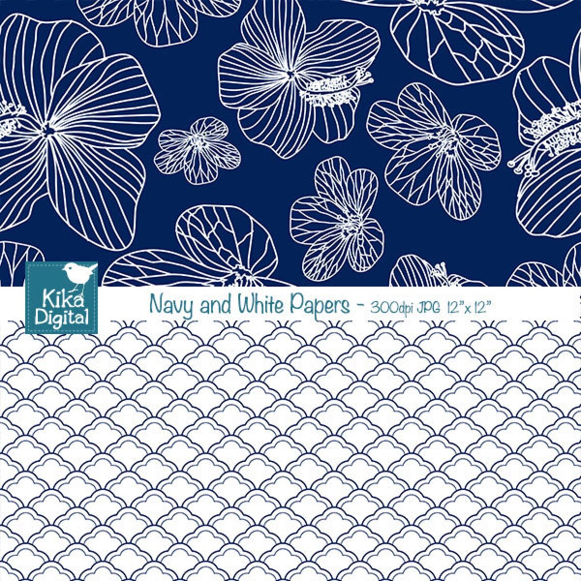 Navy Digital Papers Navy and White Scrapbook Papers Card | Etsy