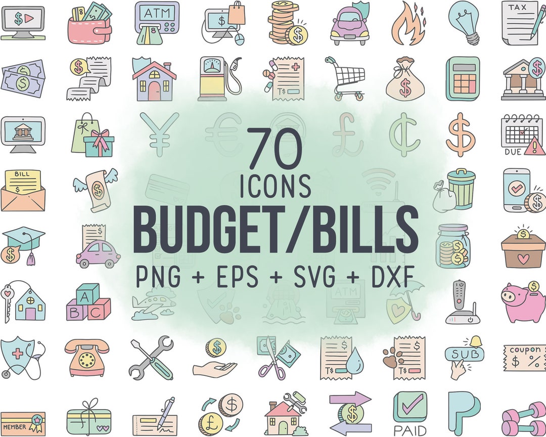 70 Budget Bills Color Icons Clipart Bundle - Finances Planner Icons ...