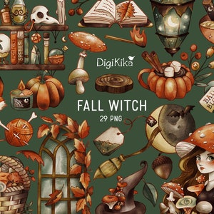 Fall Witch Watercolor Clipart Autumn Hand Painted Gothic Clip - Etsy