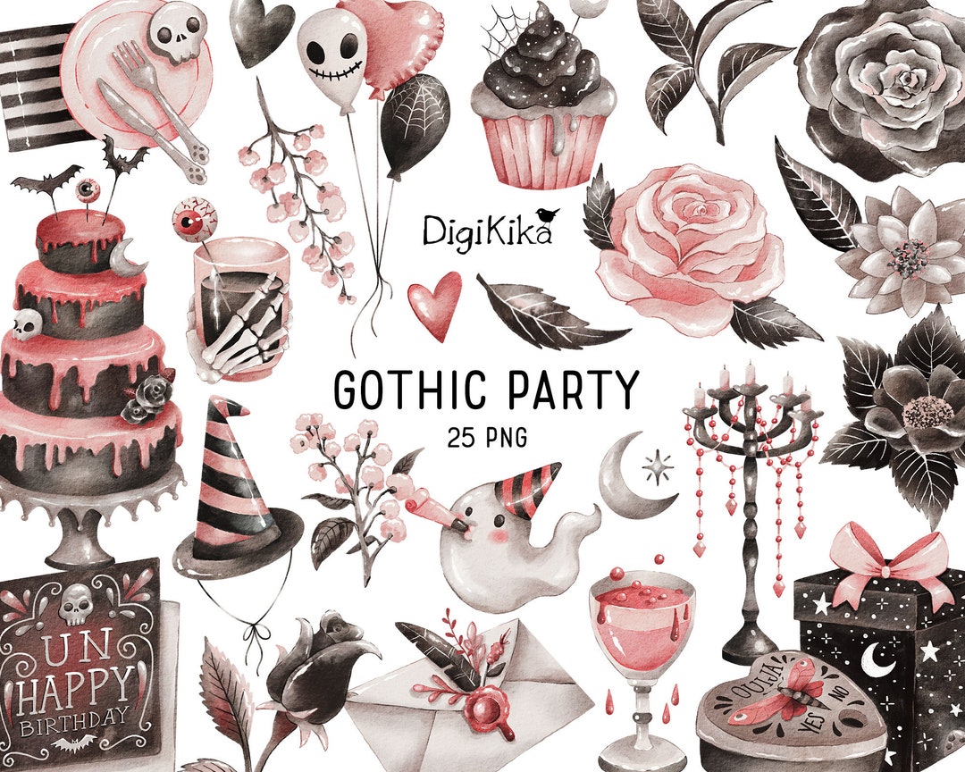 Gothic Party Watercolor Clipart, Hand Painted Birthday Clip Art ...