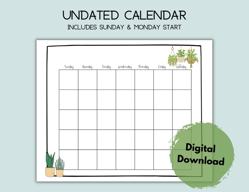 Digital Download Undated Monthly Calendar Printable PDF - Etsy