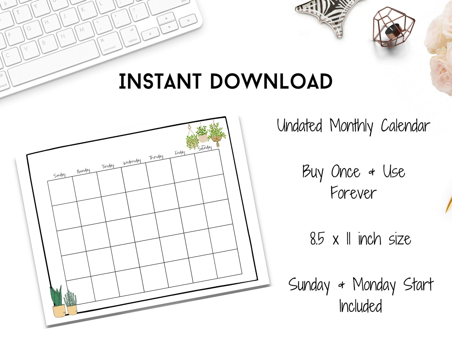 Digital Download Undated Monthly Calendar Printable PDF - Etsy