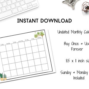 Digital Download Undated Monthly Calendar Printable PDF - Etsy