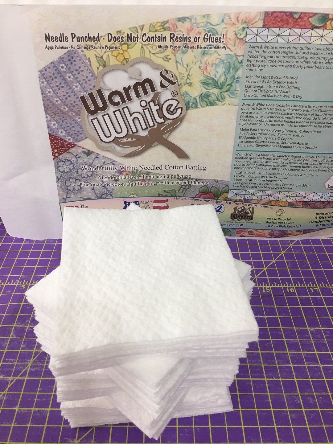 CUSTOM (300) 5" Pre-cut Squares WARM & WHITE Cotton Batting Quilt ...