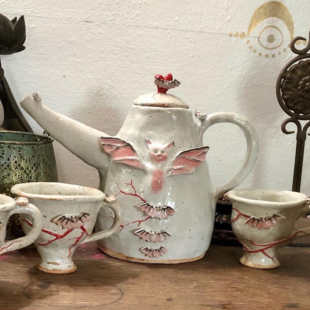 Bat-ty ( Bat Tea ) Teapot and Four Tea Cups Set- Gothic Ceramic Tea Set ...
