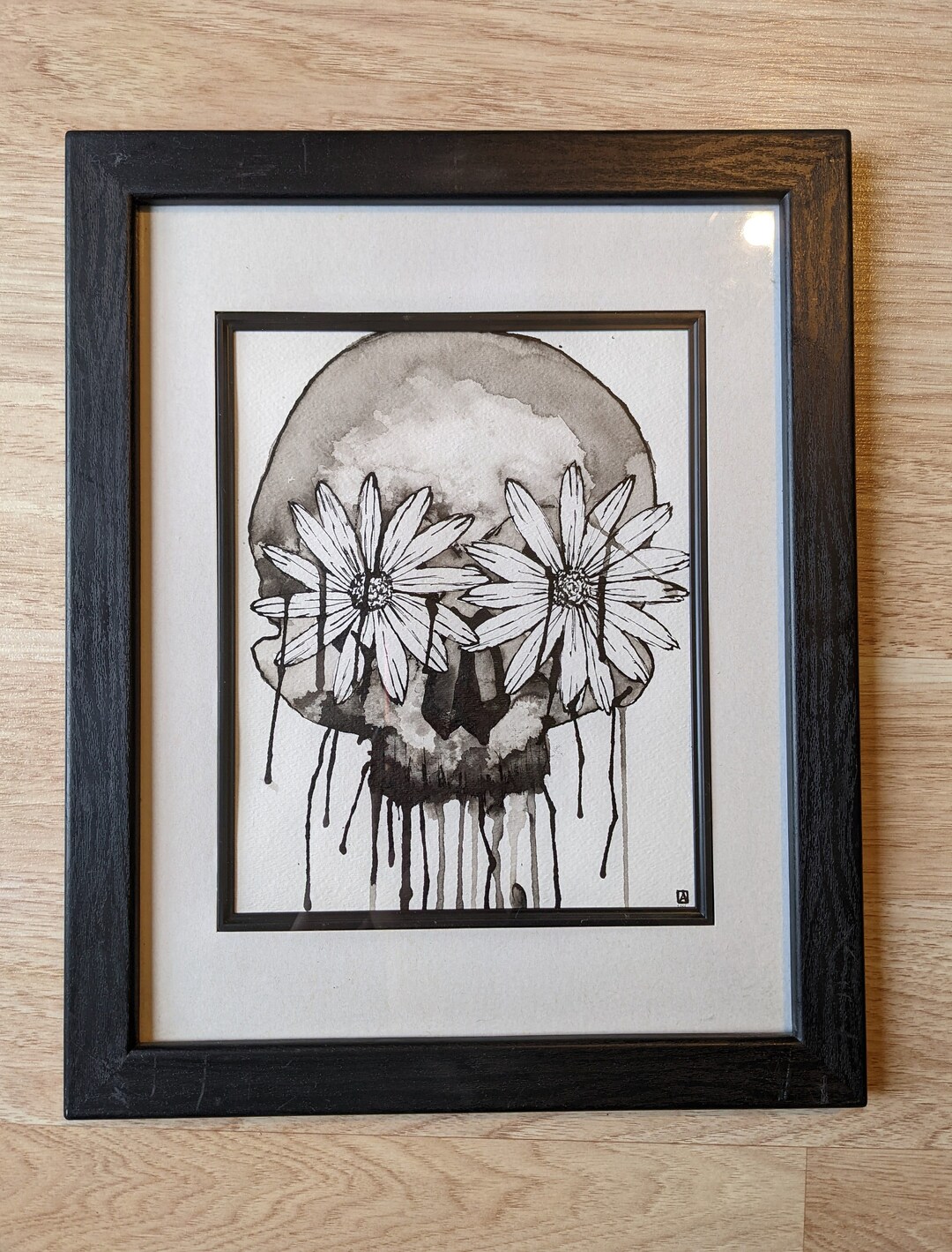 ORIGINAL Dripping Daisy Skull "pushing Daisies" - FRAMED India Ink ...