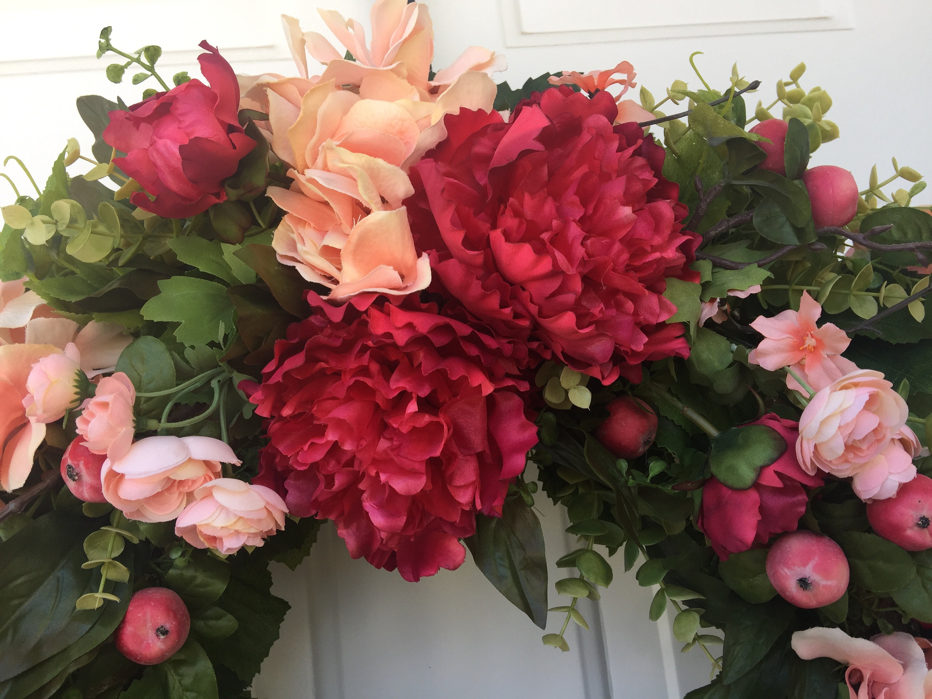 Coral Hydrangea & Berries With Deep Pink Peonies Wreath - Etsy