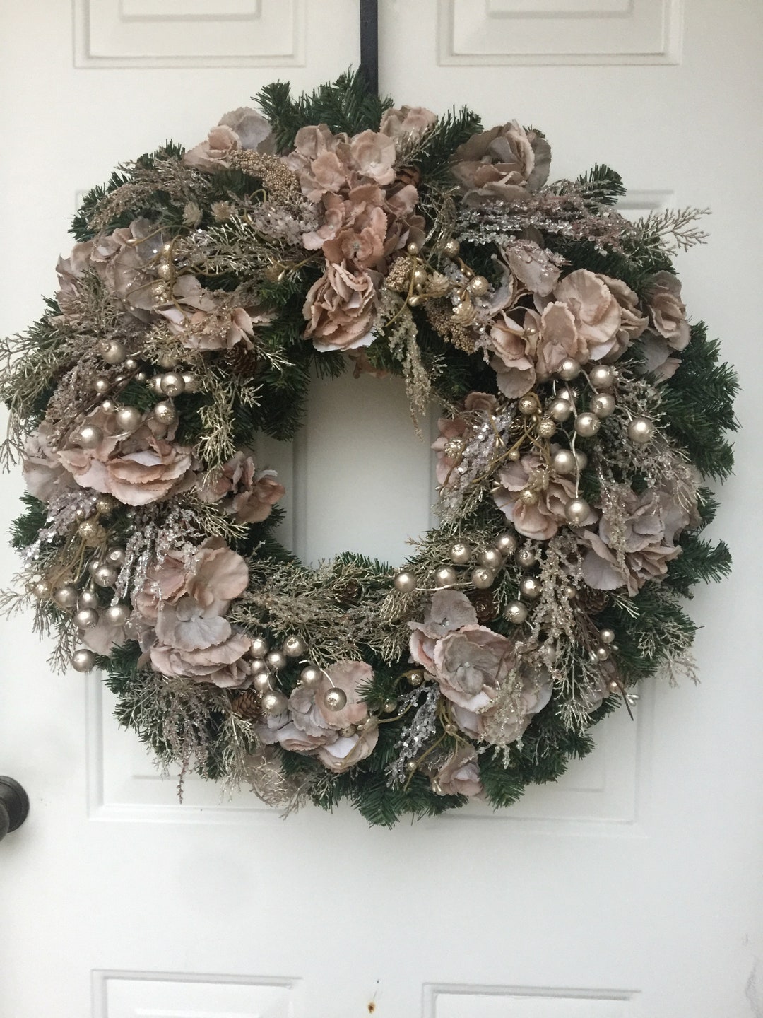 Taupe & Silver Hydrangea With Crystalized Twig Branches Holiday Wreath ...
