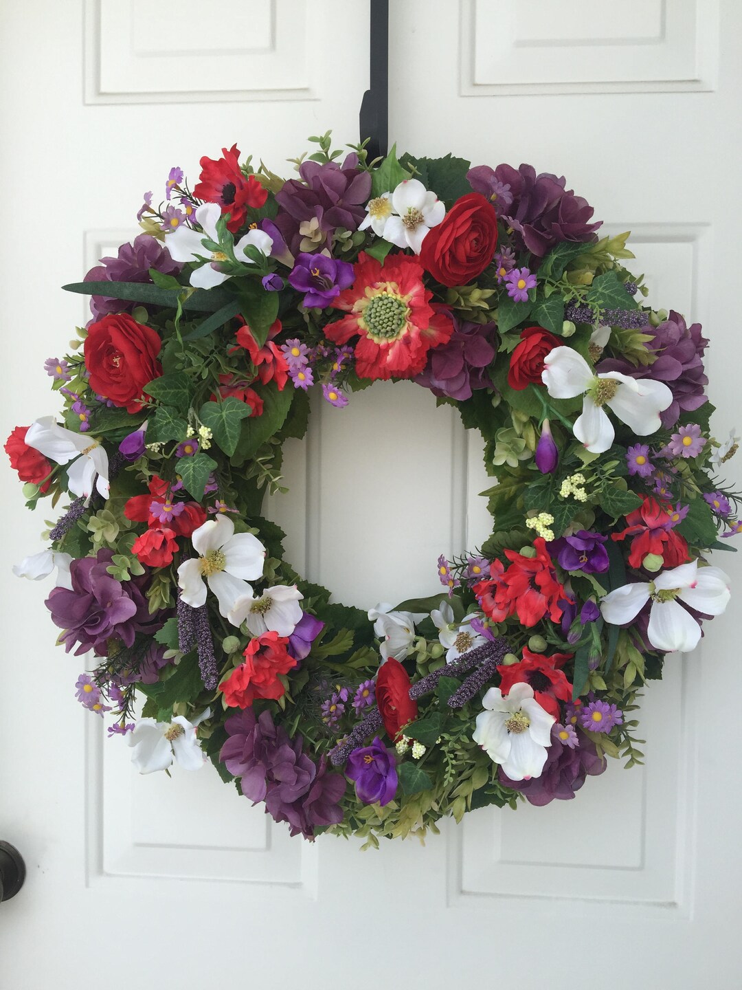 Red Anemones With Purple Freesia and White Dogwood Wreath - Etsy