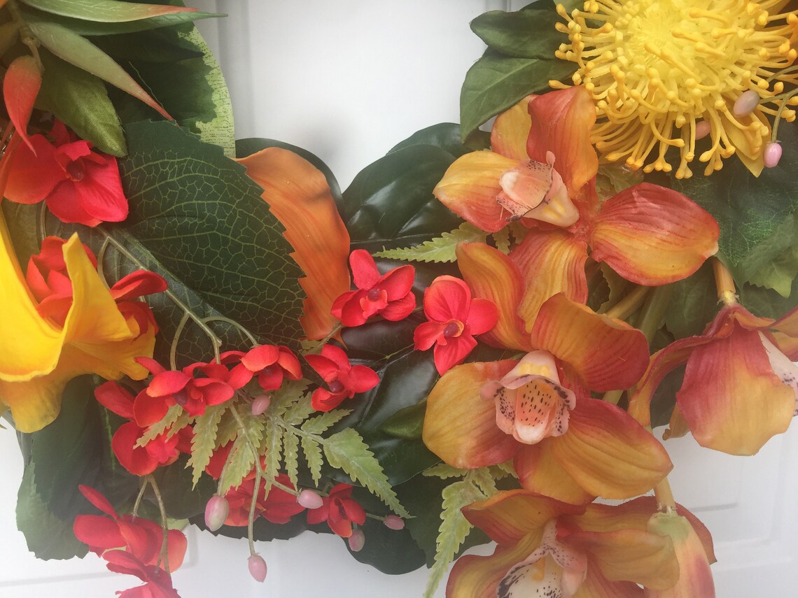 Red Orange and Yellow Orchids & Torch Ginger Tropical Wreath | Etsy