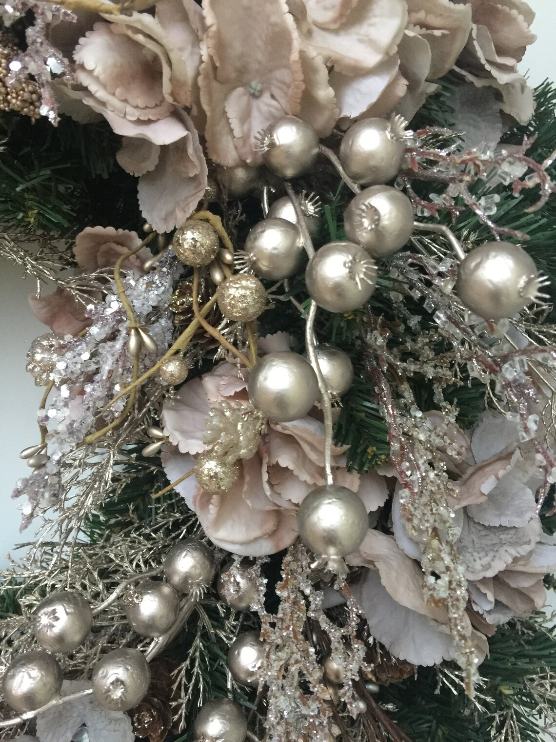 Taupe & Silver Hydrangea With Crystalized Twig Branches Holiday Wreath ...