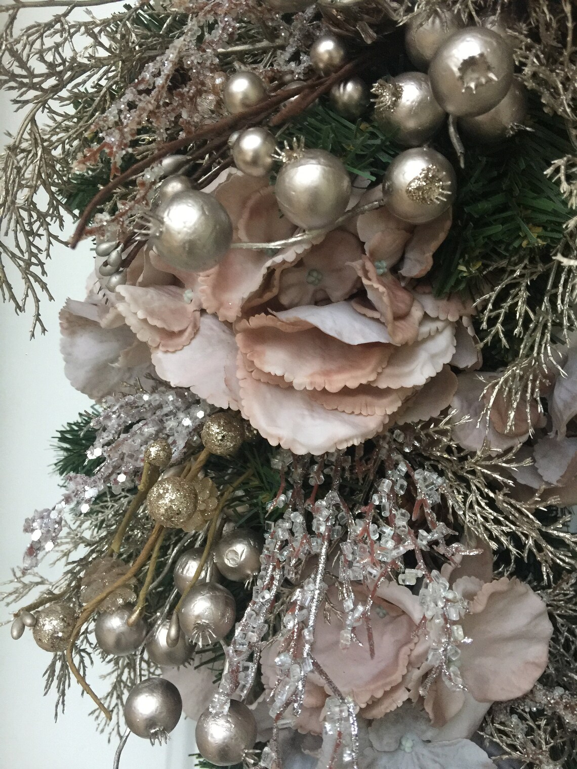 Taupe & Silver Hydrangea With Crystalized Twig Branches Holiday Wreath ...