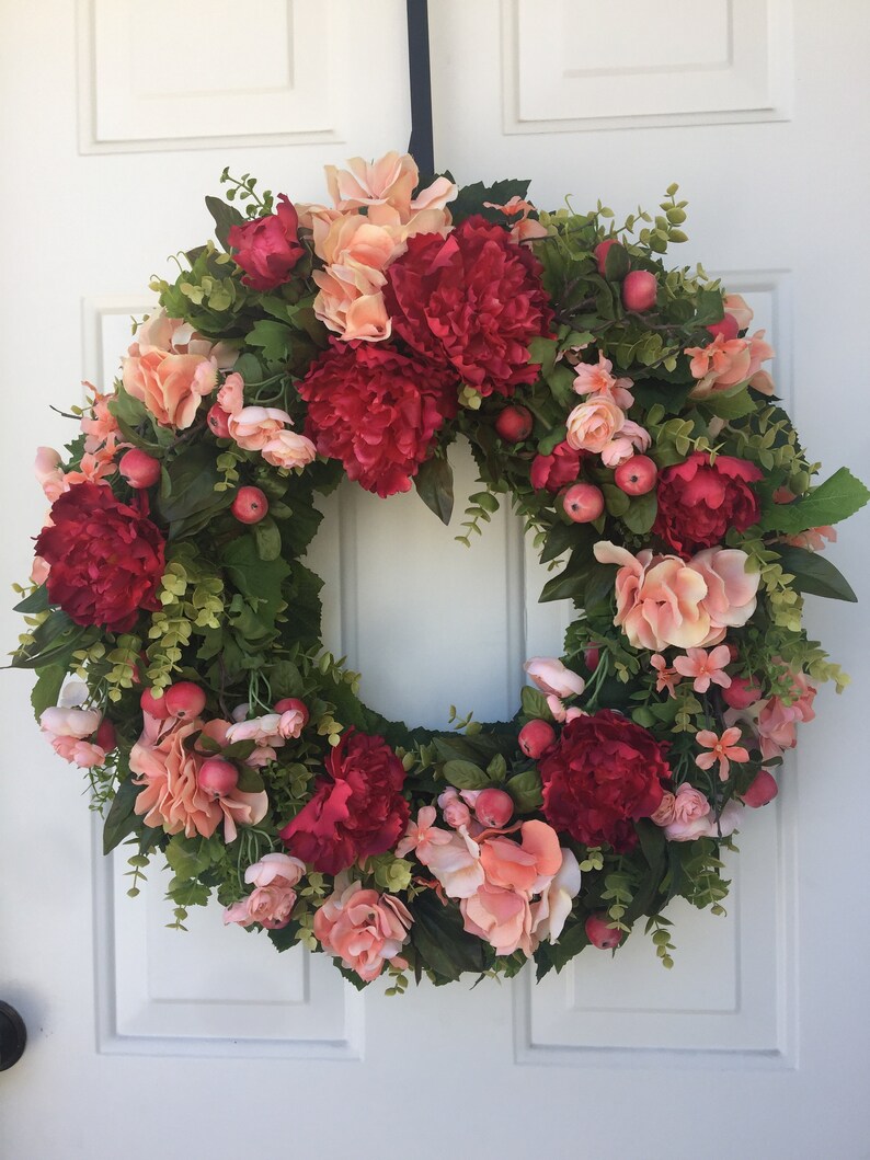 Coral Hydrangea & Berries With Deep Pink Peonies Wreath - Etsy