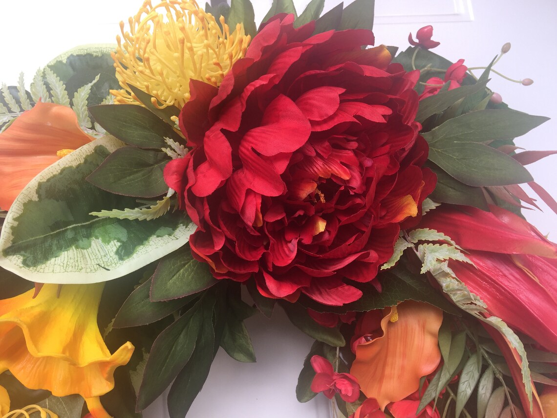 Red Orange and Yellow Orchids & Torch Ginger Tropical Wreath - Etsy