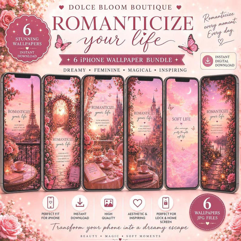 6 Pink Coquette iPhone Wallpapers: Romantic Soft Life Bundle (digital ...