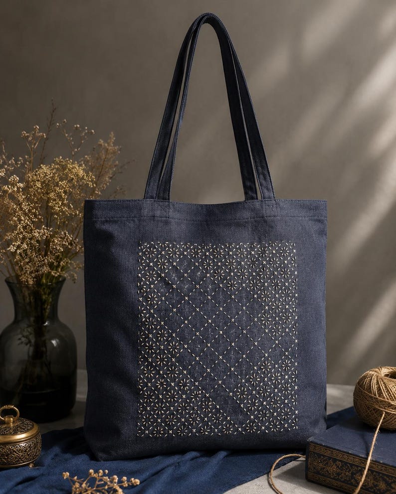Hand Stitched Sashiko Tote Bag - Japanese Embroidery - Reusable Eco ...