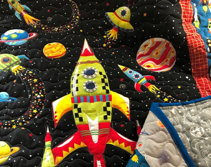 Rocket Ship Quilt- Outer Space Quilt With Soft Grey Flannel Backing ...