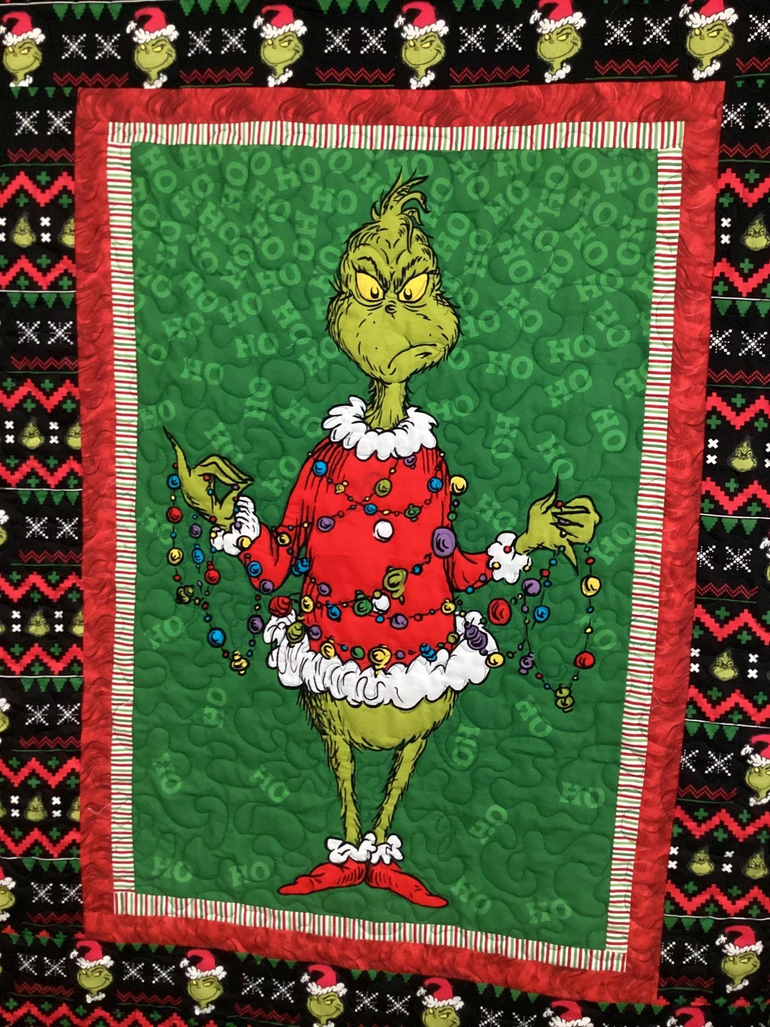 Christmas Quilt Fun Grinch Cozy Throw 40" by 51" With Flannel Backing ...