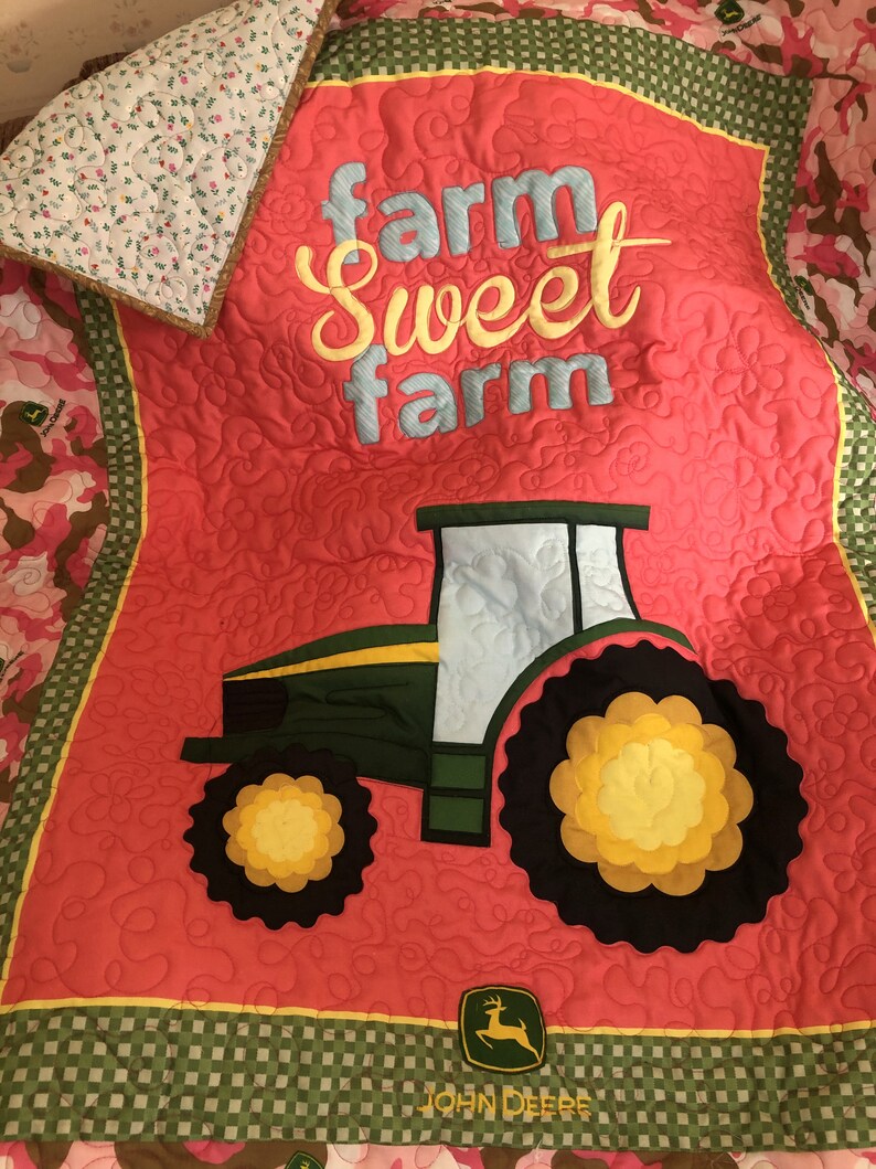 Farm Girl Quilt, Baby or Toddler Tractor Quilt - Pink Camo Border and ...